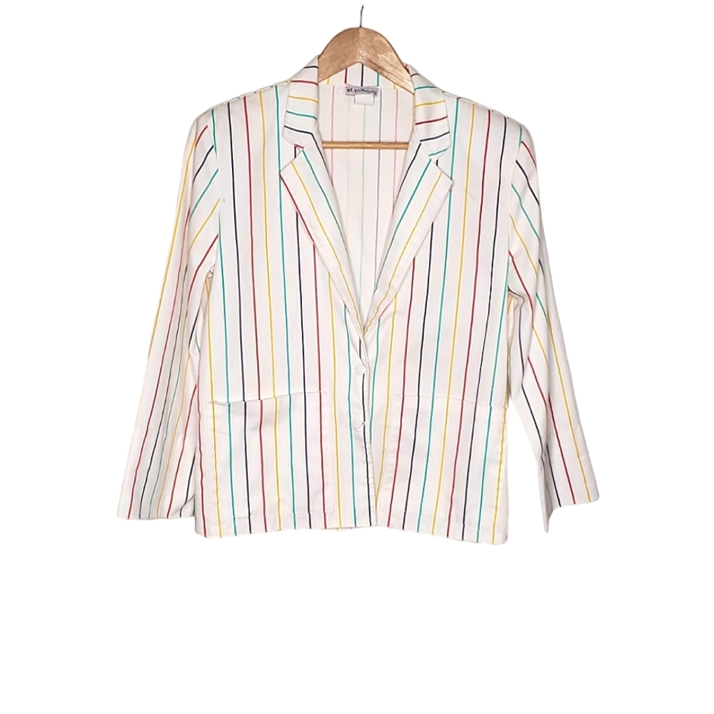 Candy Stripe White 80s Multicolor Rainbow Stripe Sing… - Gem